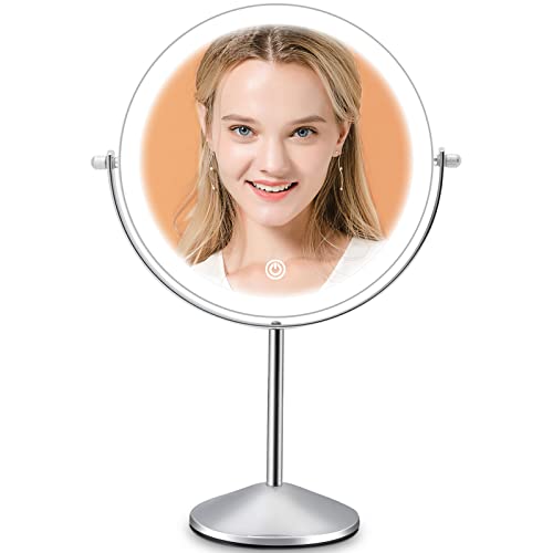 Makeup Vanity Mirror with LED Lights, 8 Inch Rechargeable Double Sided 10X Magnification, 3 Color Lighting, Dimmable Cosmetic Mirror with Touch Control 360°Rotation Light up Mirror Cord or Cordless