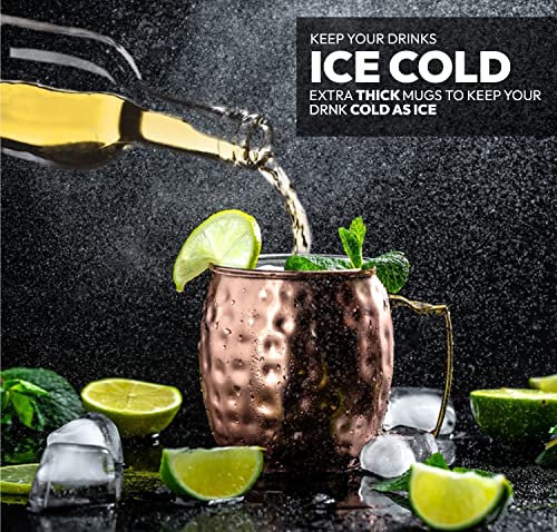 ARTISANS VILLAGE Moscow Mule Mugs | Set of 4 | 100% Pure Copper Solid Mugs | Gold Brass Handles | Size 16 oz | BONUS: Premium Straws and Shot Glass