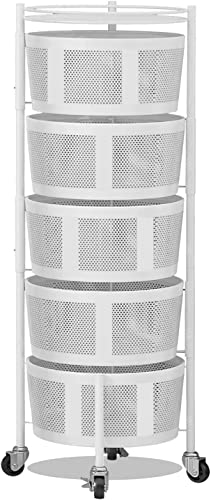 Flesser Rotating Baskets Storage Rack 5 Tier Round Kitchen Rolling Cart with Wheels White Fruit Vegetable Baskets Organizer Stand for Bathroom,Bedroom