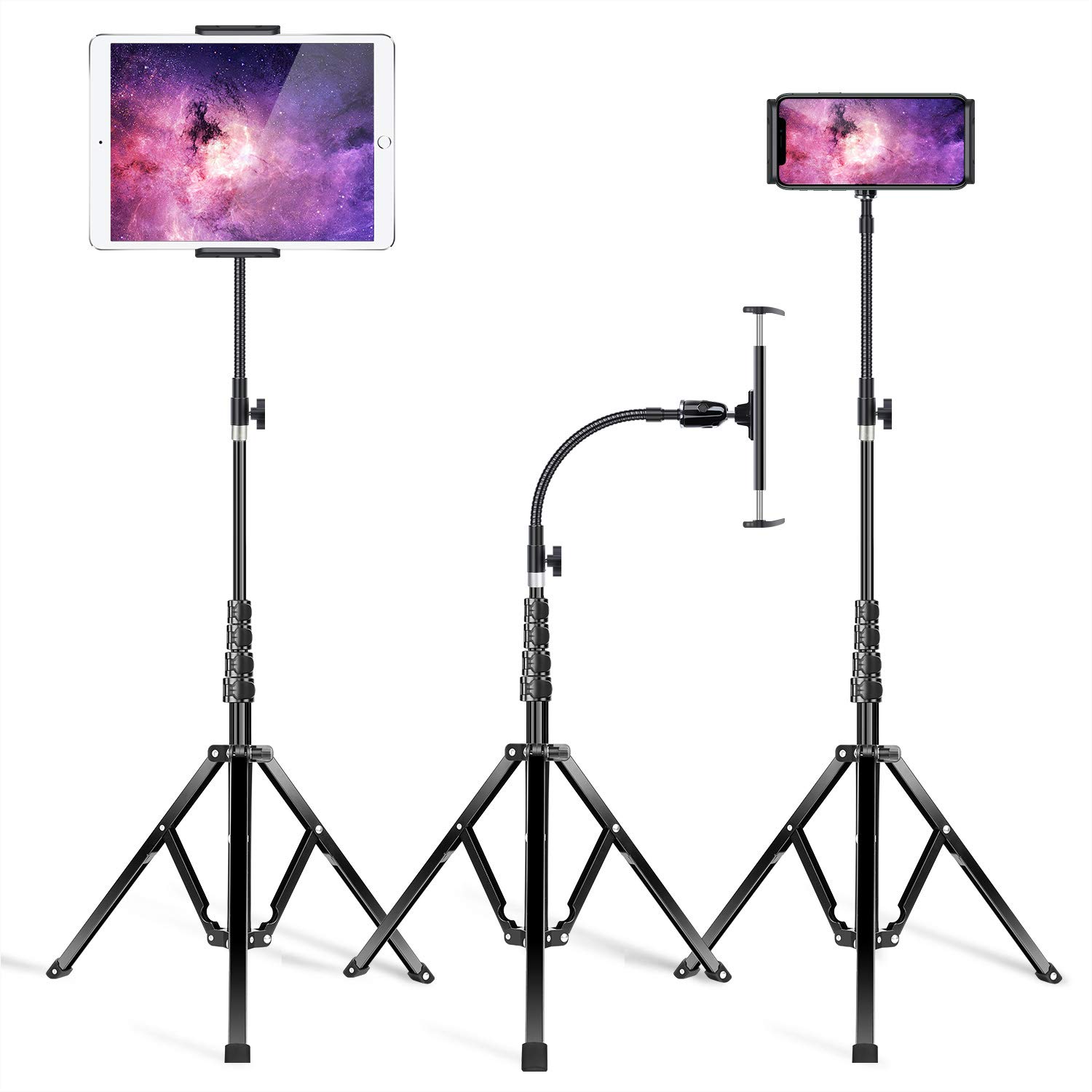 elitehood Metal iPad Tripod Stand & Adjustable 72āā Gooseneck Tablet Floor Stand Holder, Heavy Duty Aluminum iPad Floor Stand for iPad Pro 12.9 11, Mini, Air, iPhone and 4.7-12.9" Tablets Cell Phones