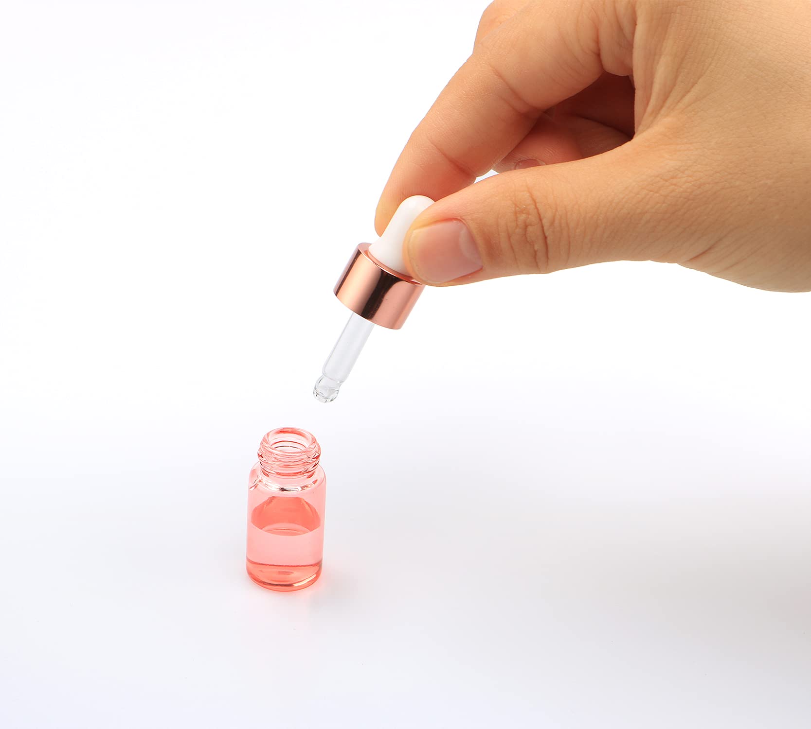USRommaner 35 Pack,3ml Pink Sample Dropper Vial,Empty Glass Eye Dropper Bottle With Rose-Gold Cap,Liquid Mini Glass Pipette Travel Essential Oil Perfume Container-Pipette,Funnel,included