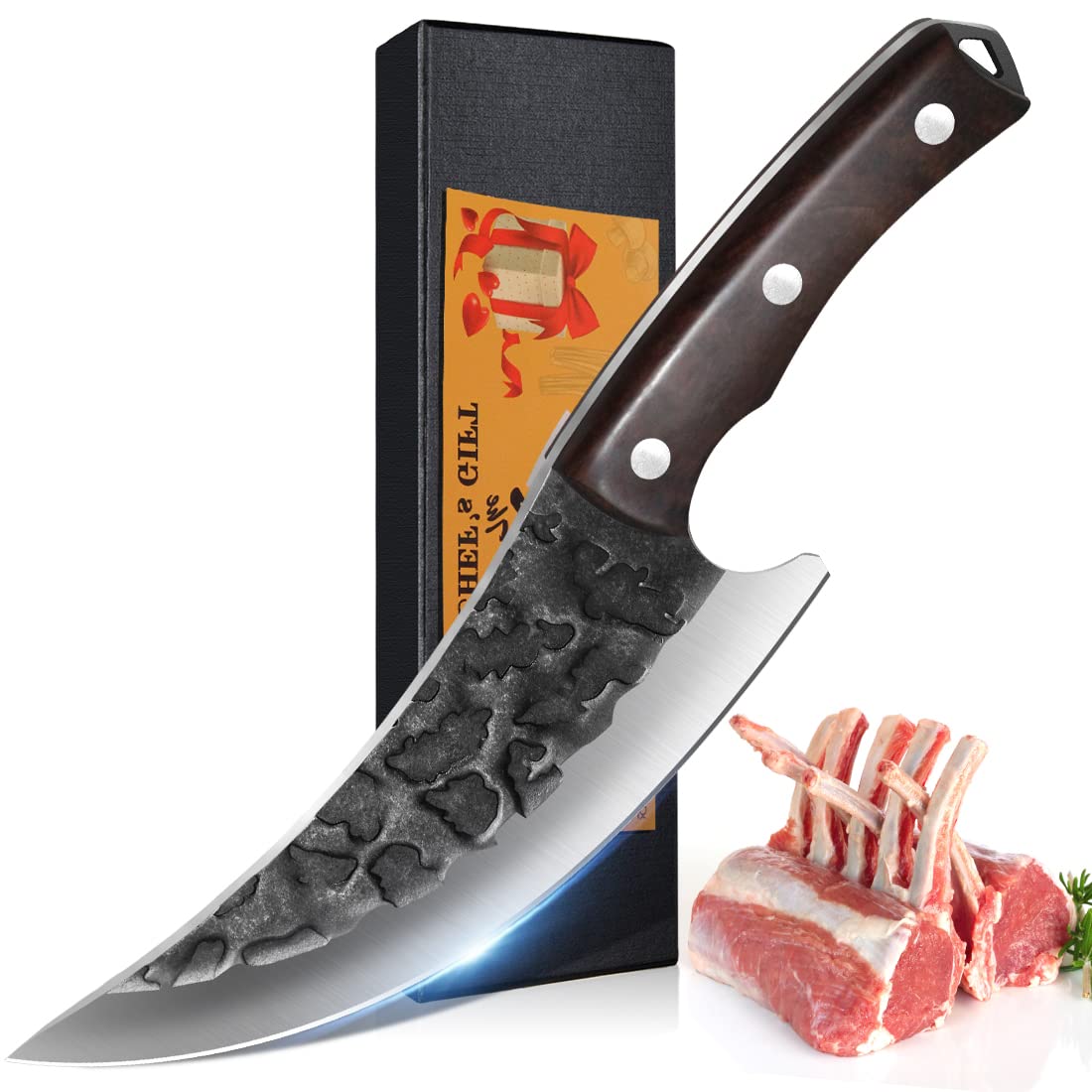 Viking Knife Hand Forged Boning Knives, 7" Premium High Carbon Stainless Steel Fillet Knife,Full Tang Professional Meat Cleaver, Chef Knives Kitchen Camping Knife for Fish, Deboning, BBQ, Home