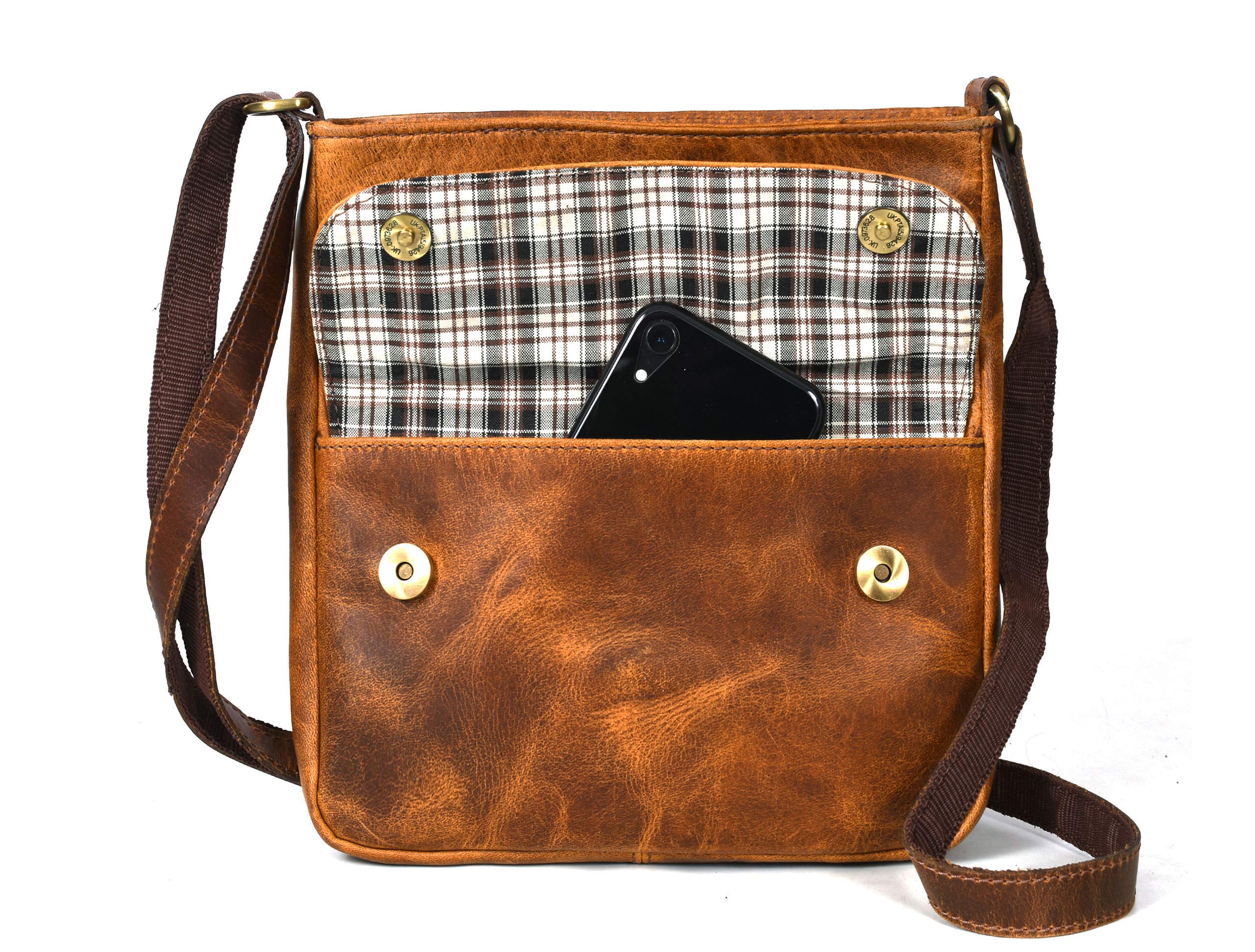 Aaron Leather Goods Women Crossbody bag with Metal Zipper Brown Black (Chestnut)