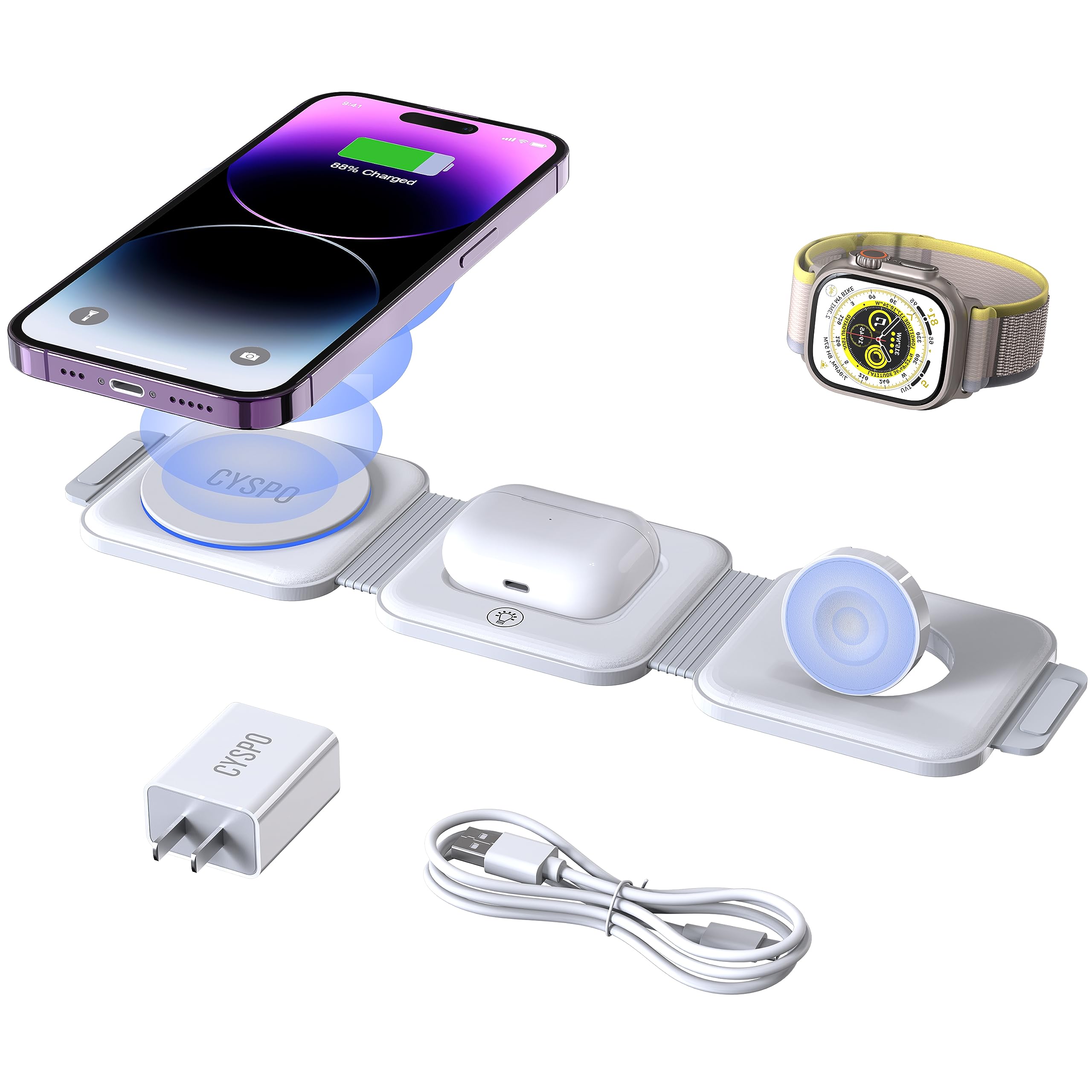 3 in 1 Portable Magnetic Wireless Charger, Fast Charging Travel Wireless Charging Station, Foldable Wireless Charging Stand for iPhone15/14/13/12 Series, AirPods Pro/3/2, Apple Watch(Adapter Included)