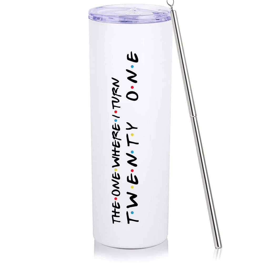 21st Birthday Gifts For Her 21st Birthday Decorations For Her 20 OZ White Skinny Wine Tumbler Turn 21 Travel Cup With Lid Straw Happy 21 Year Old Bday Presents For 2003 Born Women Girls Female