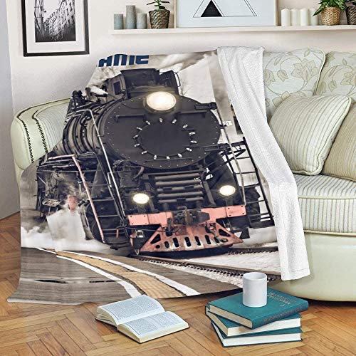 CUXWEOT Custom Blanket with Name Text,Personalized Retro Steam Train Super Soft Fleece Throw Blanket for Couch Sofa Bed (50 X 60 inches)