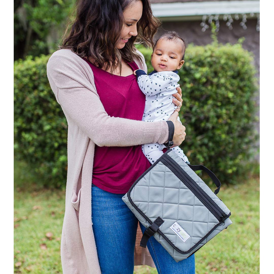 CozyBaby's On-The-Go Diaper Changing Pad (Gray) - Waterproof Padded Diaper Changing Mat with Convenient Storage Compartment Plus Handy Travel Strap & Folds into Easy to Carry Pouch