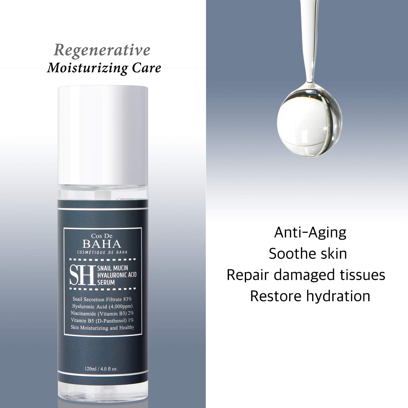 Cos De BAHA Snail Repair Intensive Facial Serum with Vitamin B3, 2% Niacinamide, and 5% Allantoin - 4 Fl Oz (120ml)