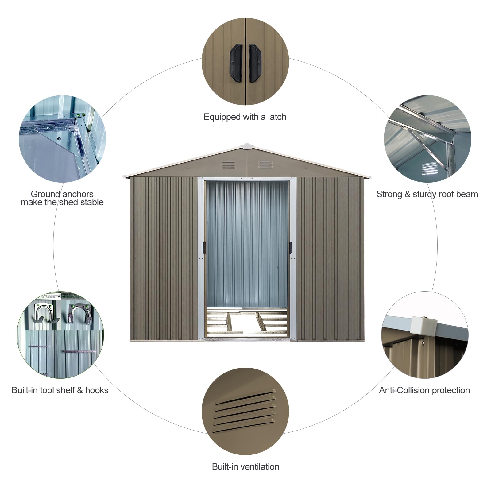 7'x5' Outdoor Metal Storage Shed with Floor Base, 4 Punched Vents and Pad-Lockable Sliding Doors, Tool House w/Eco-Friendly Painting, Waterproof&UV Resistant, for Backyard, Lawn, Patio, Gray