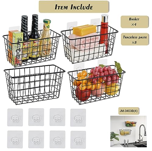 4 Pack Hanging Sorage Basket, Bathroom Basket, Household Goods Storage Basket, with Traceless Tape, no Drilling, for Cabinet Storage, Kitchen, Bathroom, Storage Room(4 Black)