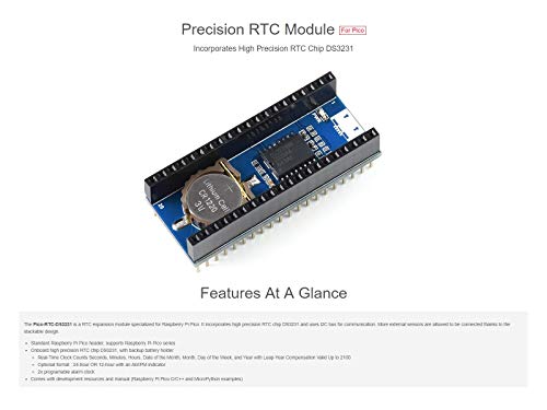 Precision RTC Module for Raspberry Pi Pico Mini Board, Incorporates High Precision Real-Time Clock Chip DS3231, Uses I2C Bus for Communication, with Female Pin Header Stackable Design