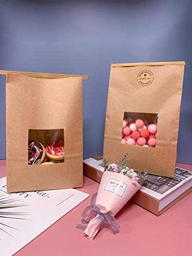 Cyblinia 50 Pack Brown Bakery Bags with Window Kraft Paper Bags Tin Tie Tab Lock Bags for Storing Cookie Dried Foods Snack