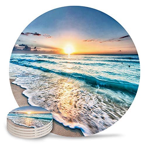 Ocean Beach Drink Coasters Absorbent Natural Ceramic Stone Bar Coasters Set of 4 - Cup Mat with Cork Backing, Housewarming Gifts for Home Kitchen Decorations Tropical Sunset Beach Ocean Wave Sea Water