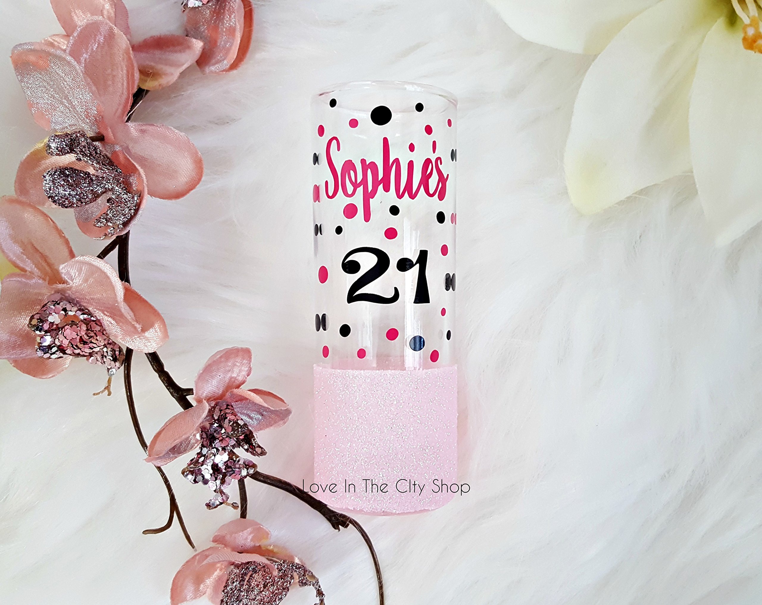 21st Birthday shot glass, the perfect 21st Birthday Gift for Her. Fully customized Glitter Shot Glass for the finally 21! Time for Fun!