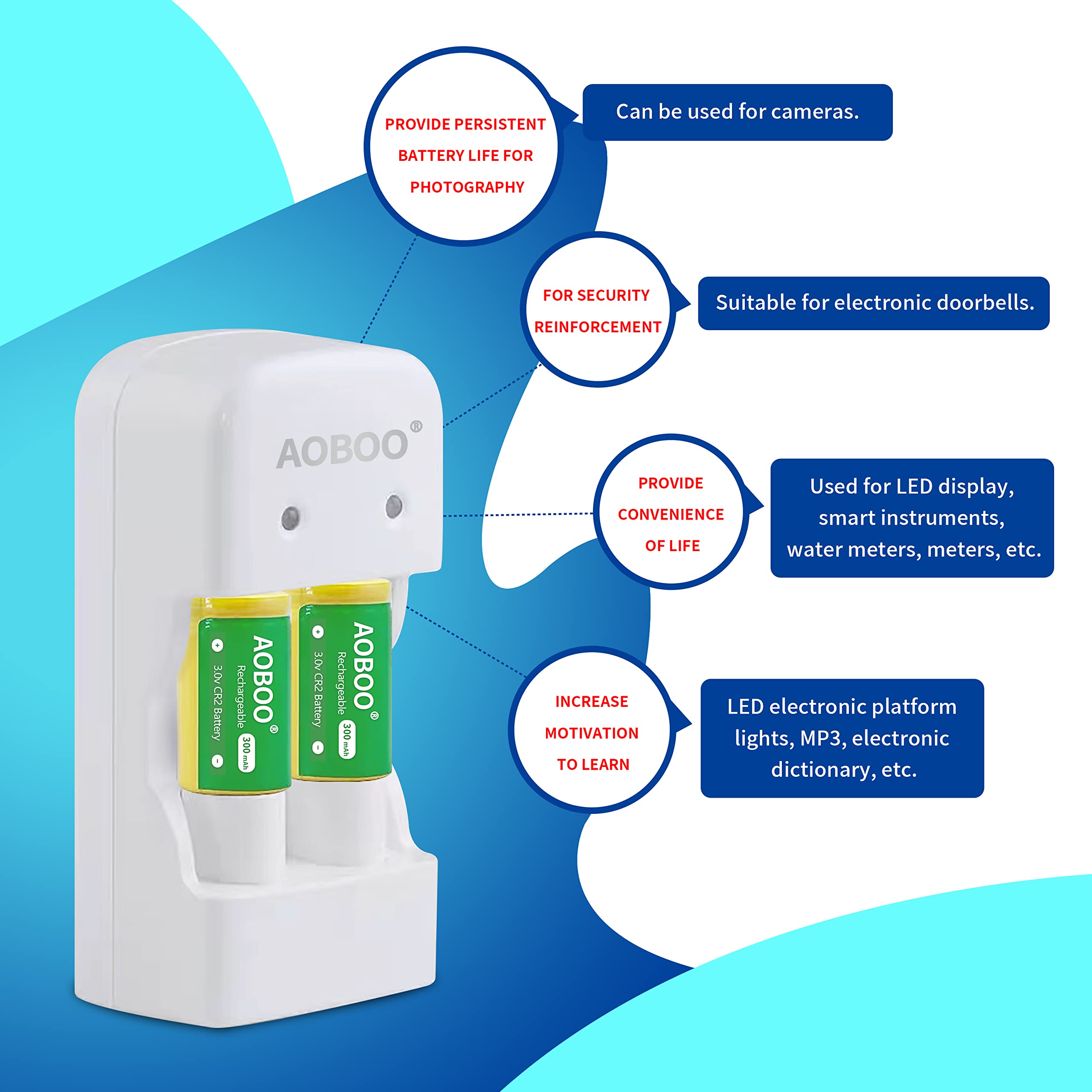 CR2 3V Camera Battery Chargers CR15H270 USB Charger with 4pcs 300Mah Rechargeable Battery for Photo Instant mini25 Camera Digital Harinezumi Sight Laser Golf Rangefinder Disc Brake