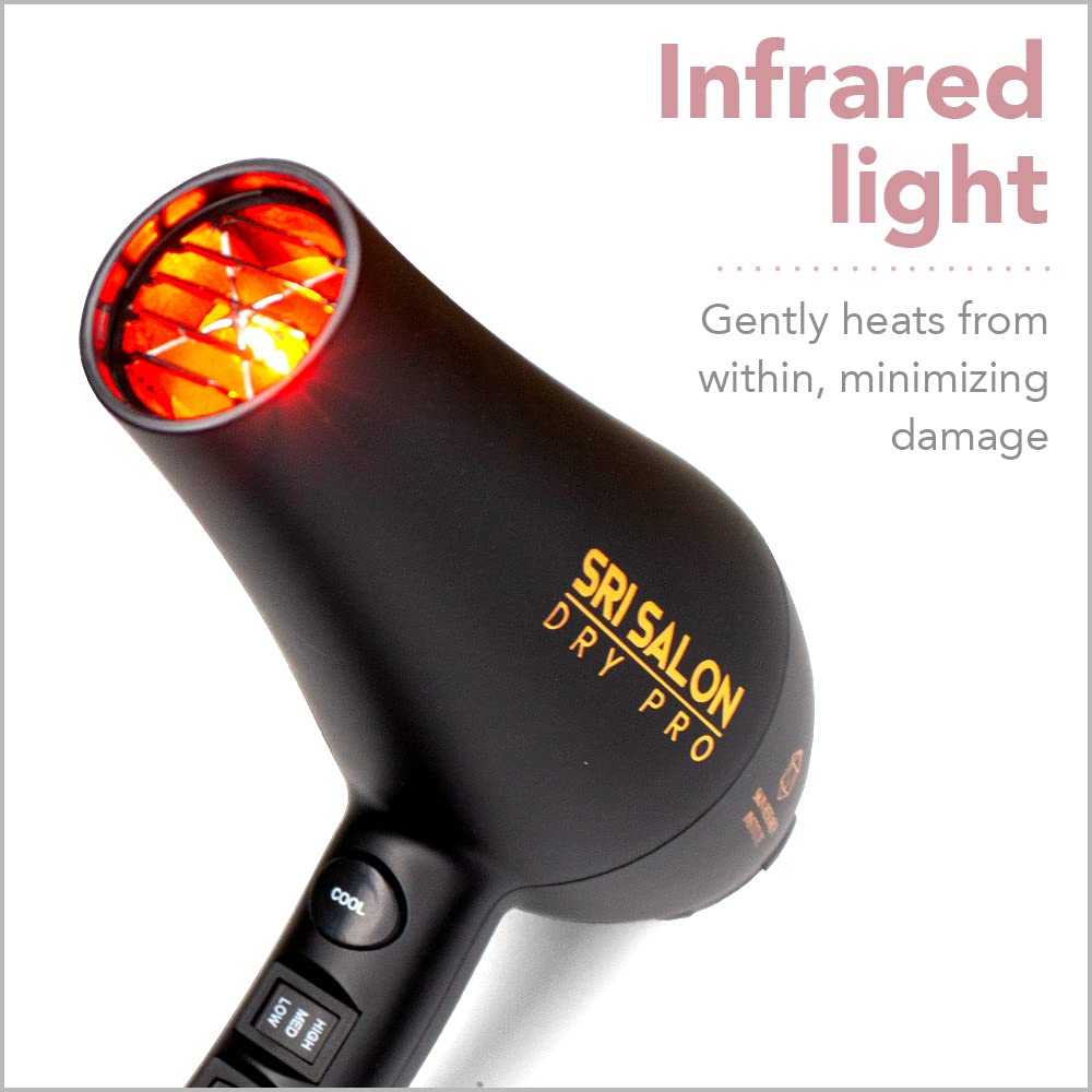 SRI Salon Dry Pro, Infrared Light Blow Dryer with Salon Results, Negative Ions for Reduced Frizz, Fast-Drying & Max Shine, 1875W, Free Attachments - Concentrator, Diffuser, & Comb