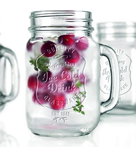 Glaver's Mason Drinking Jars β Set of 4, 16 Oz Clear Glass Jars β With Convenient Handle and Ice-Cold Embossed Logo β Ideal for Hot and Sunny Days β Perfect Glass Cups for Cold Drinks