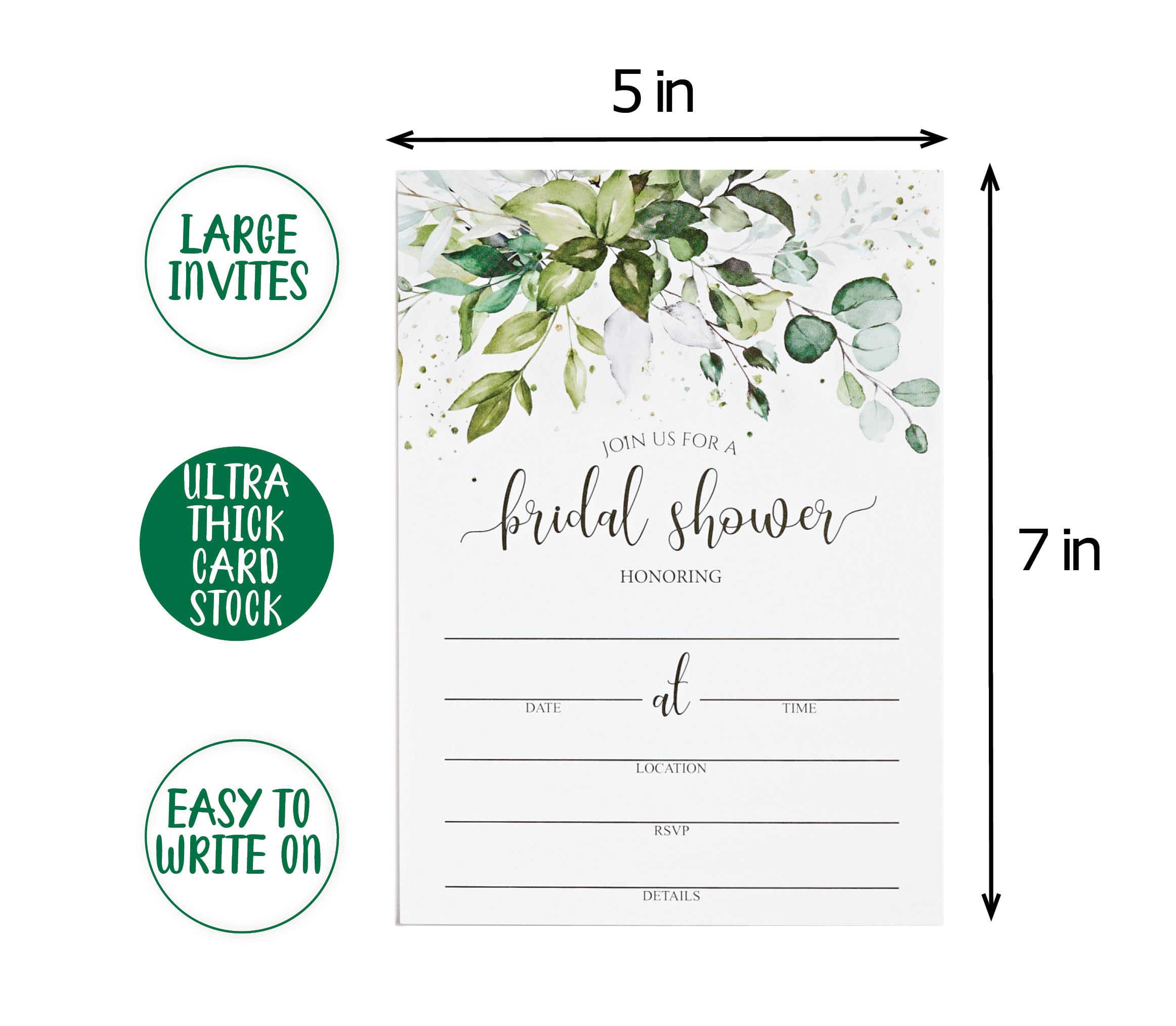 All Ewired Up 50 Greenery Eucalyptus Bridal Shower Invitations and 50 Envelopes, Boxed Set, Sage (Large Size 5x7) - (100 pieces)