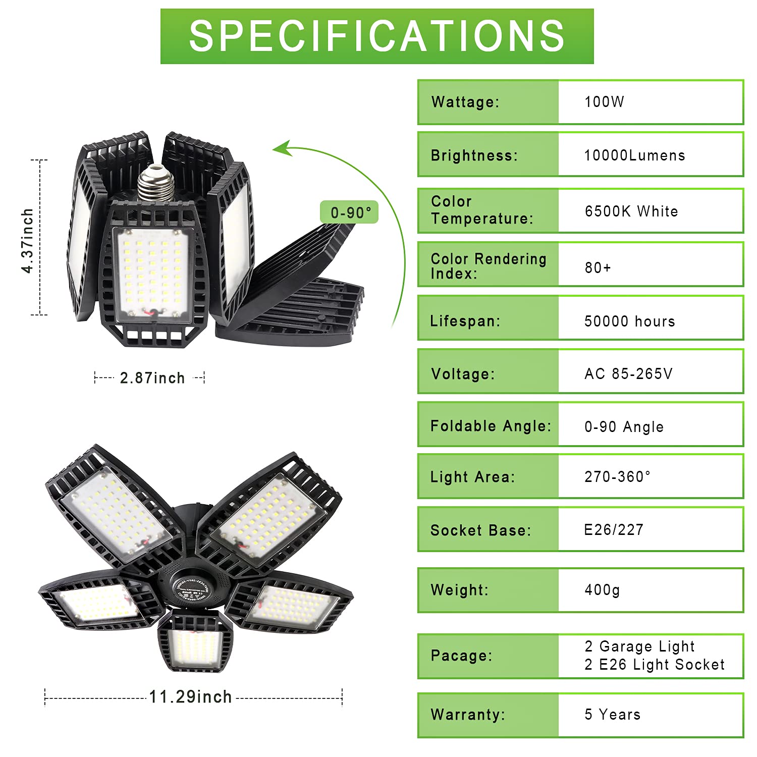 2-Pack LED Garage Lights, 100W Deformable E26/E27 Garage Ceiling Light, 10000LM Five-Leaf Adjustable Garage Lighting Fixture, CRI>80, 6500k Nature Light, for Workshop, Workbench, Barn, Basement