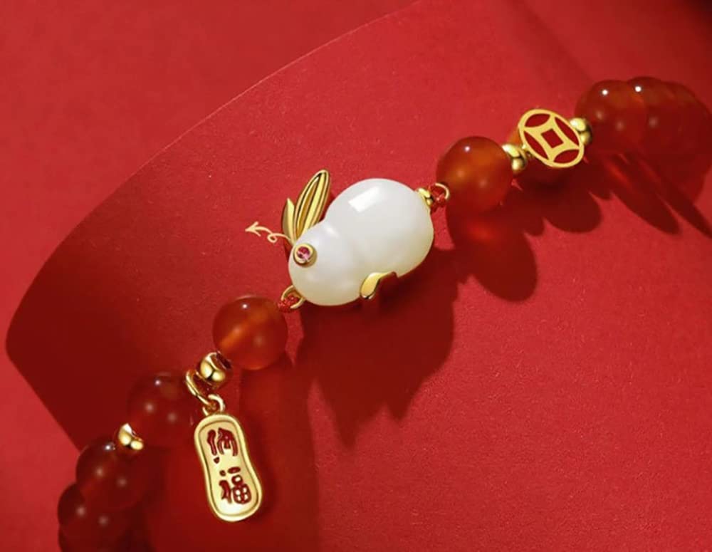 2023 Chinese Style Rabbit Year Beads Bracelet Adjustable Bangle Women Gift, Adjustable Bracelet for Women Girls Jewelry (Red+White)