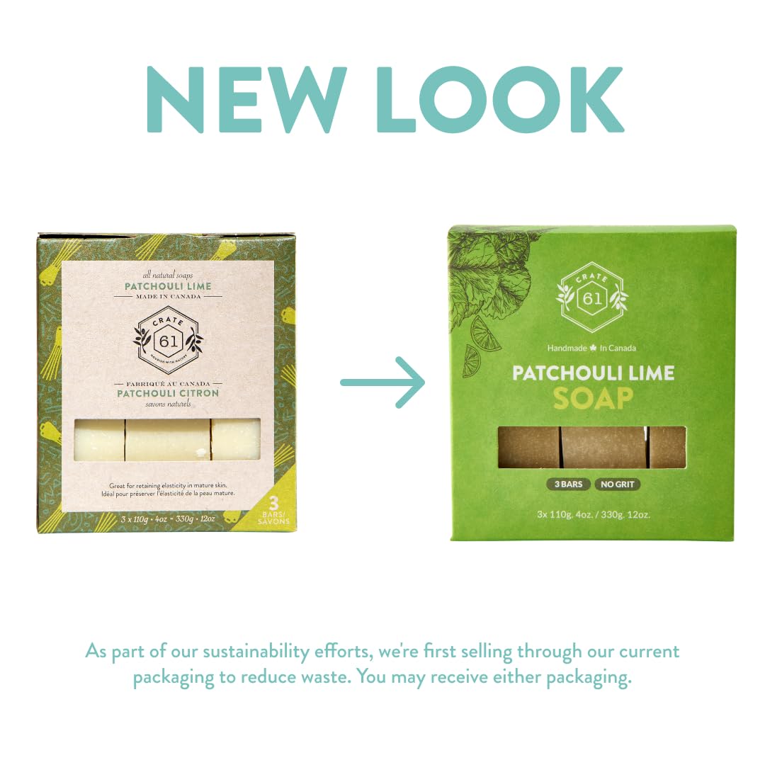 Crate 61 Organics, Handmade in Canada, Plant Based Cold Process Natural Bar Soap For Face And Body, With Premium Essential Oils, Eucalyptus & Peppermint For Men And Women 3 Pack (Patchouli Lime)