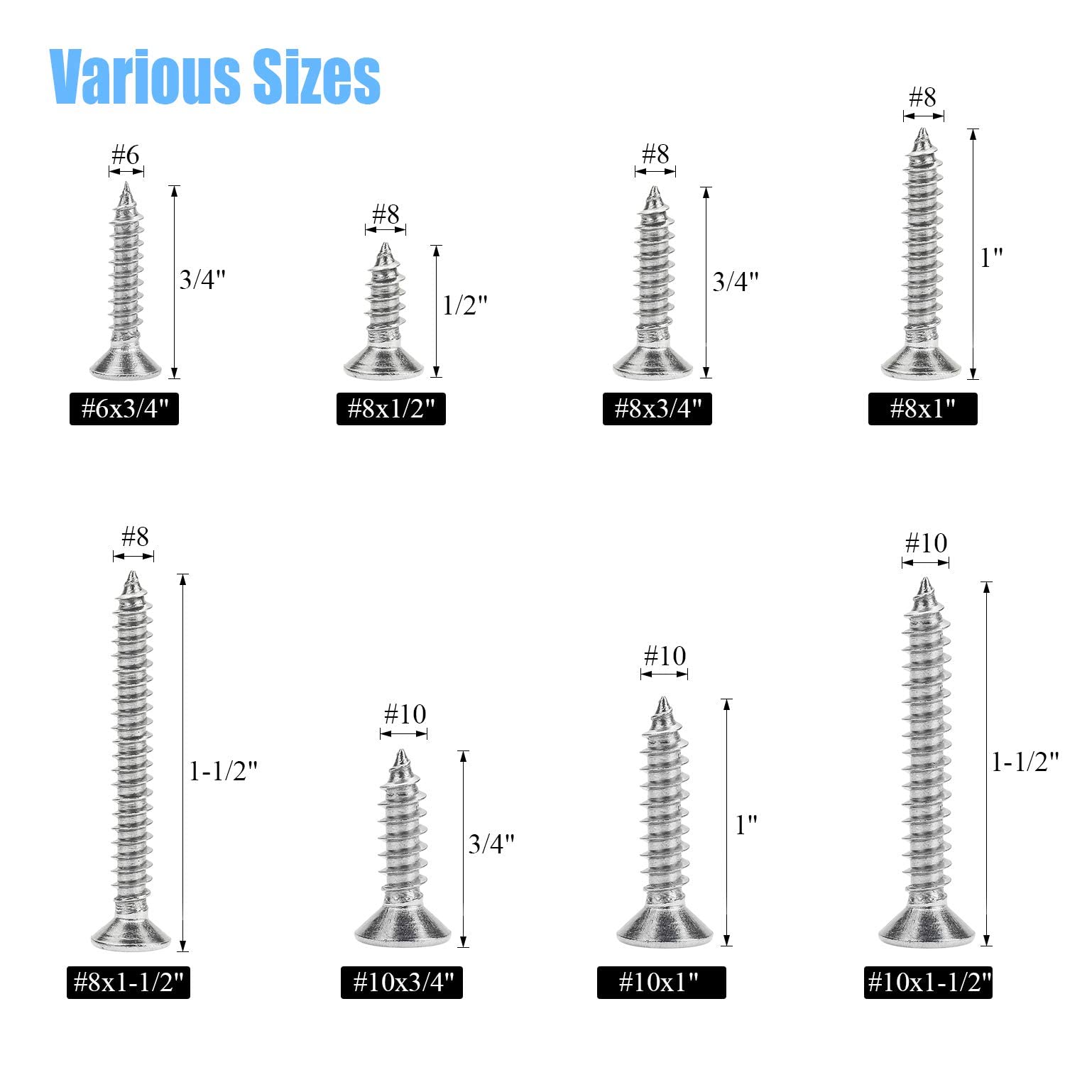 DYWISHKEY 320 Pieces #6#8#10 Stainless Steel 304 Phillips Flat Head Self-Tapping Screws, Wood Screws Assortment Kit