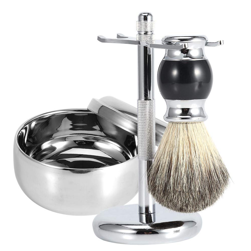 Birsppy Shaving Set, 3Pcs Faux Badger Hair Shaving Brush Resin & Metal Handle + Professional Men Shaving Tool Stand Holder + Alloy Soap Mug Bowl Kit, Perfect for Men Gift