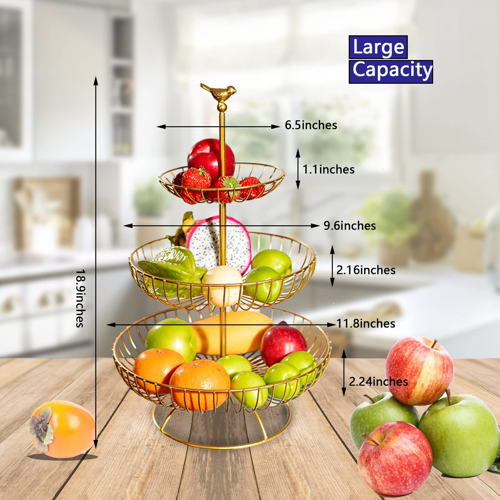 3 Tier Kitchen Countertop Fruit Basket Bowl for Bread Vegetables Snack Storage, Removable Organizer Shelf Storage Rack, Modern Design Tiered Fruit Holder Stand,for Gifts Home Party (bird head gold)