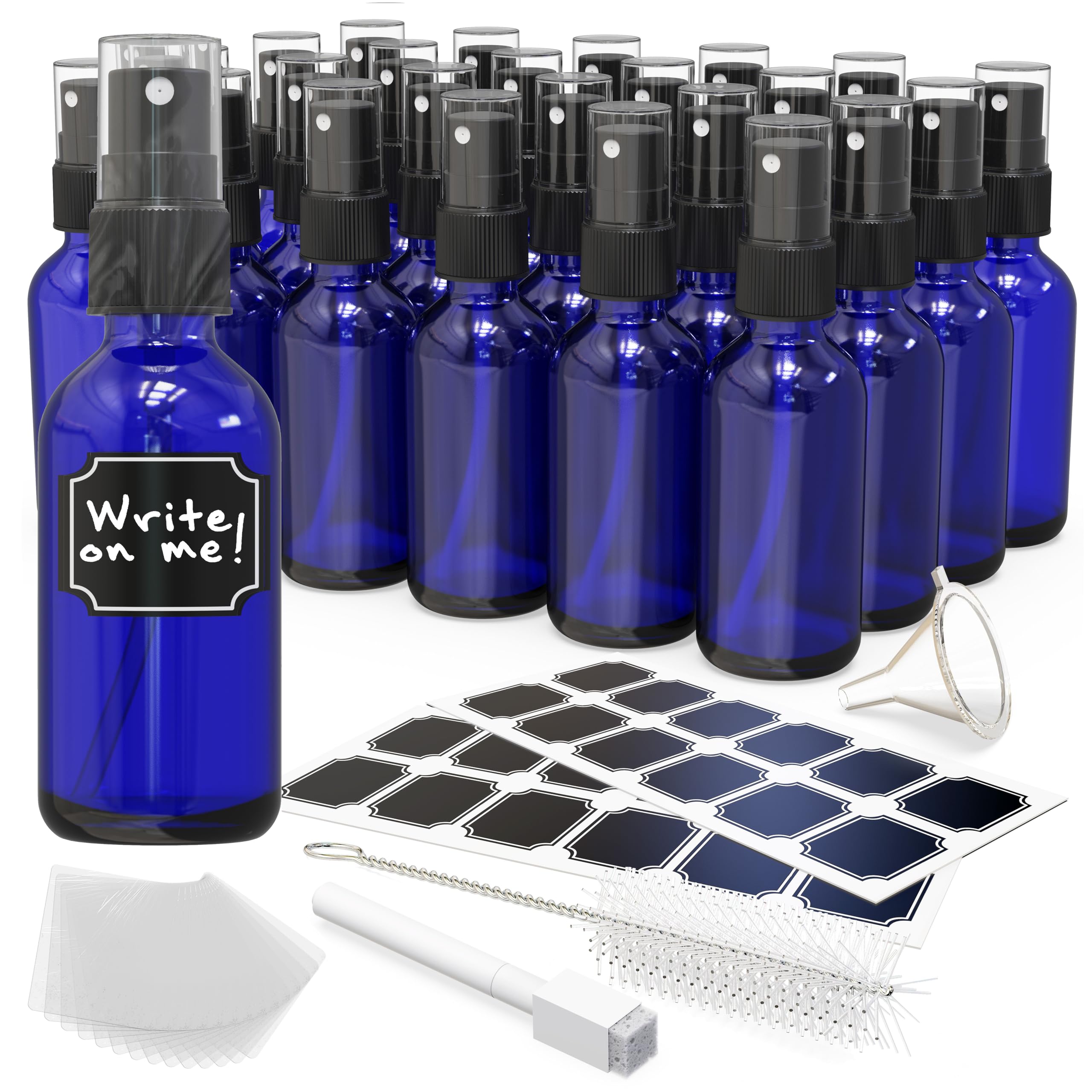Nevlers 24PK Blue Glass Spray Bottles 2 Oz Set | Glass Spray Bottles w/Shrink Wrap, Labels & More | Small Spray Bottle For Use as Perfume Spray Bottle, Spray Bottle for Oil & Alcohol Spray Bottle