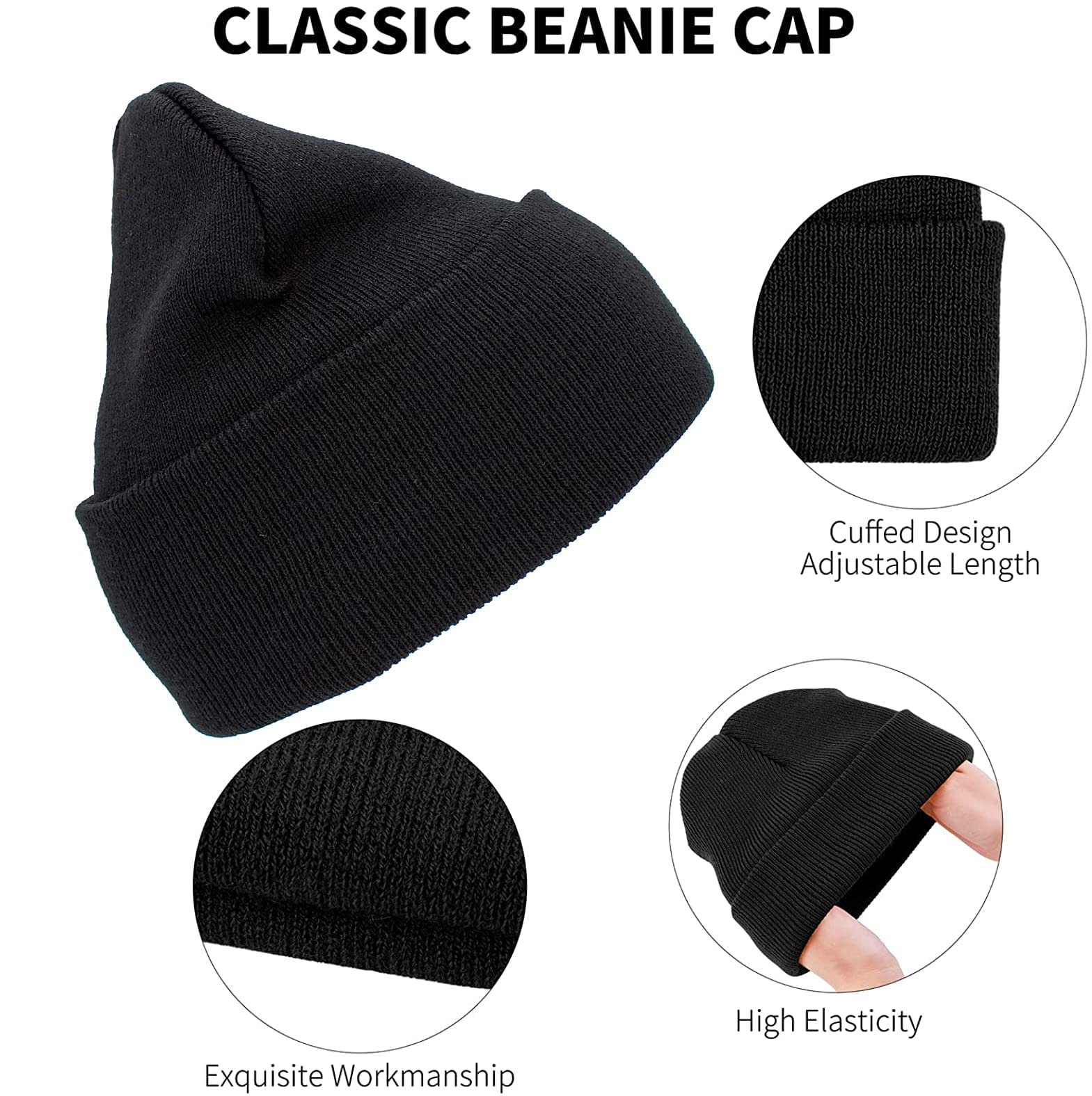 2-Pack Men's Standard Daily Beanie Hat Classic Cuffed Plain Skull Knit Winter Cap for Men & Women Warm Snug Slouchy Soft Headwear Unisex (Black&Dark Grey 2pcs)
