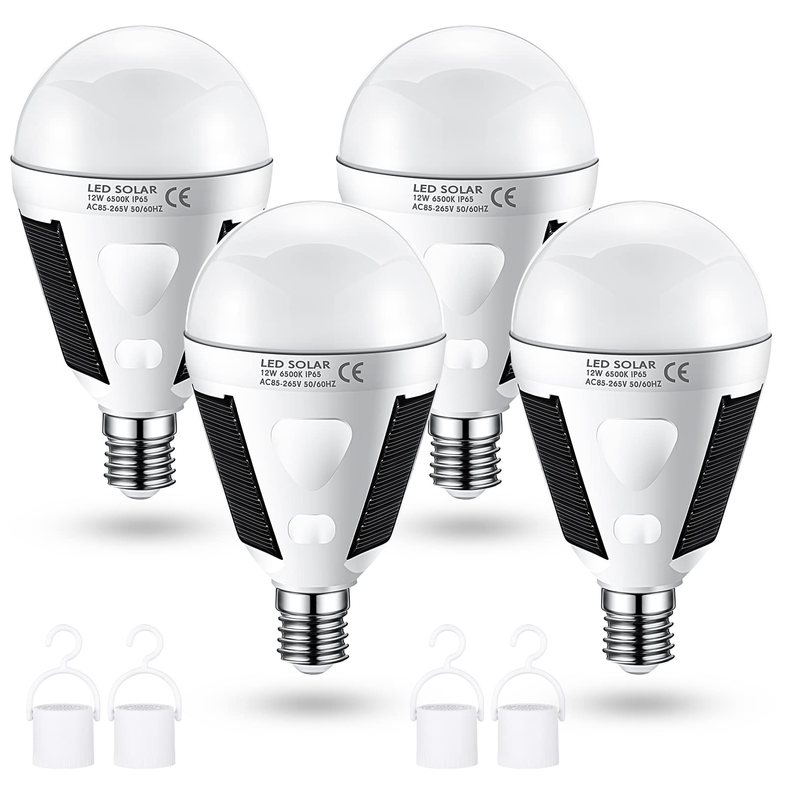 4 Pcs Emergency Solar Rechargeable Light Bulbs 12W Solar Light Bulbs 6500K Portable LED Solar Emergency Light Bulb Battery Backup Light Bulb for Home Power Outage or Power Failure, Outdoor Camping