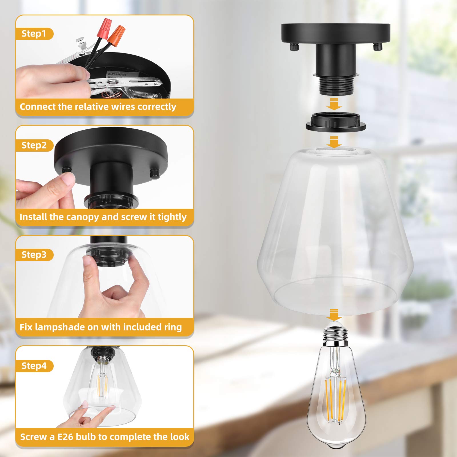 2-Pack Modern Industrial Semi Flush Mount Ceiling Light with Clear Glass Shade, Black Farmhouse Ceiling Light Fixtures for Hallway Bedroom Porch Kitchen Corridor, E26 Socket, Bulbs Not Included