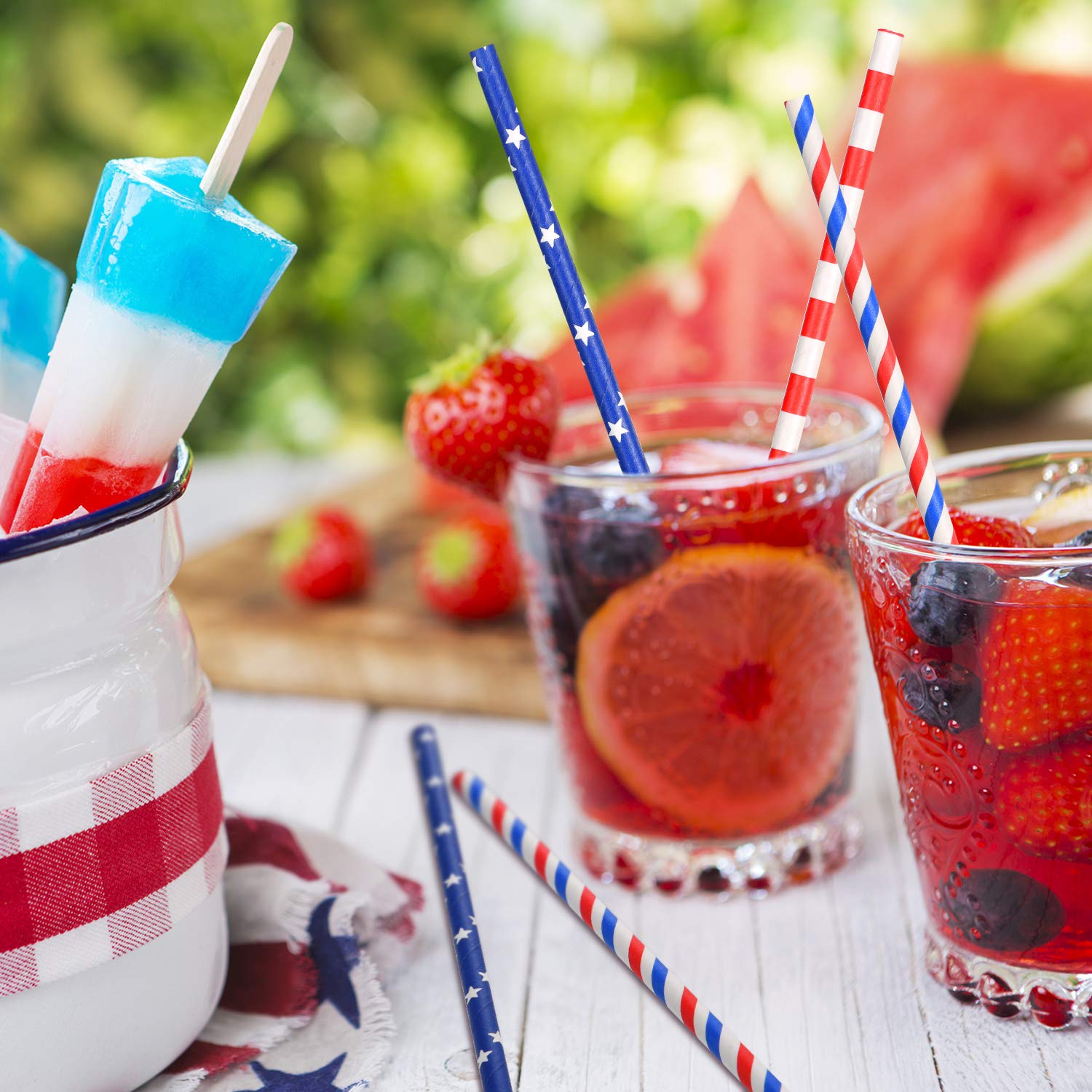 200 Pieces American Flag Paper Straws Patriotic Paper Straws Red Blue Paper Drinking Straws for Independence Day Memorial Day July 4th Celebration Supplies