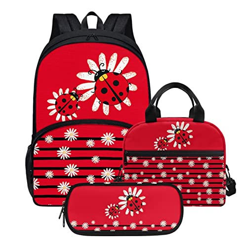 Agoviwo Ladybug Design School Backpack Set for Girls 10-12 Years Old Book Bag, Lunch Bag and Pencil Case