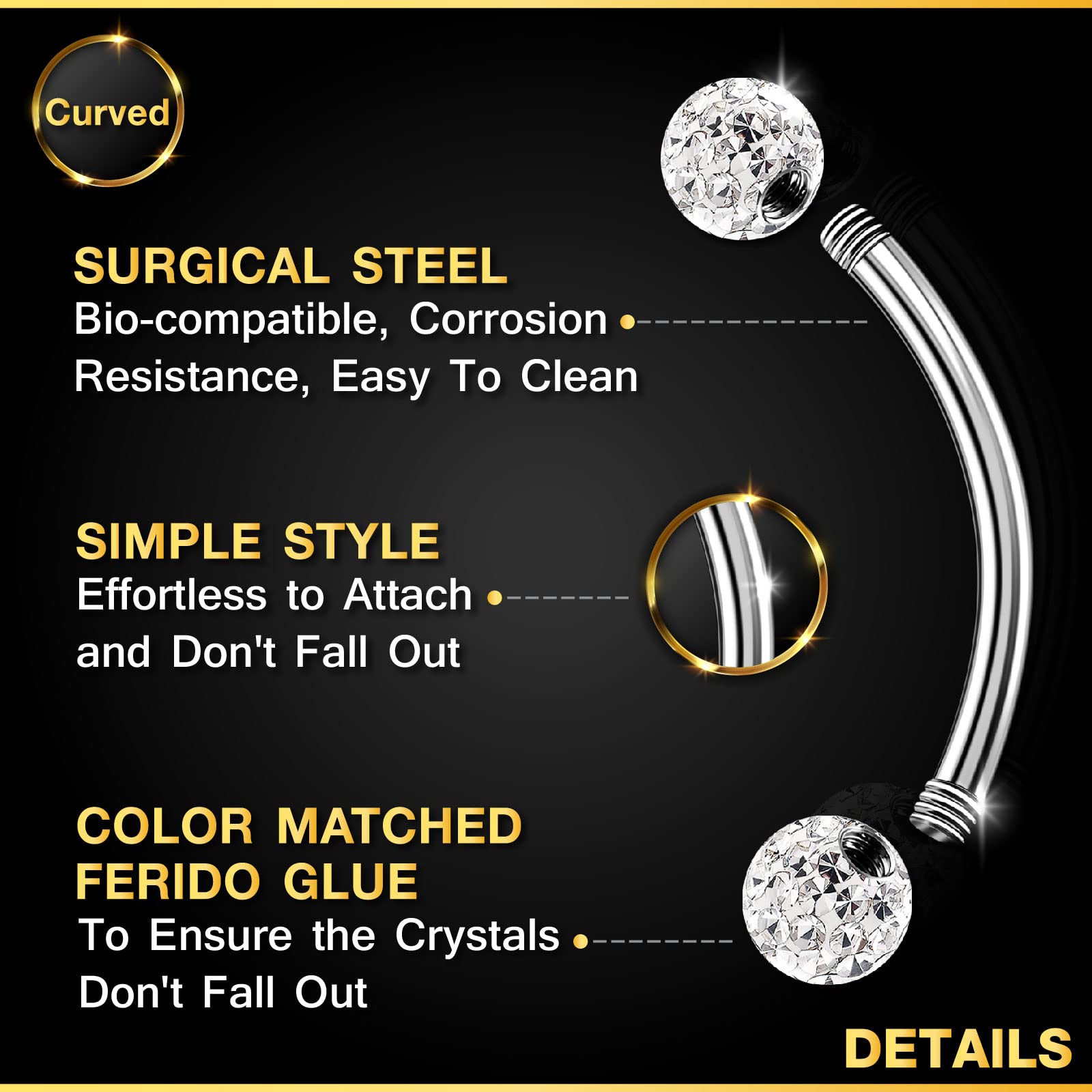 2PCS Surgical Steel Curved Barbell Ring 16g 3/8"(10mm) 3mm Clear Crystal Ball Tragus Earrings Eyebrow Piercing Jewelry 7982