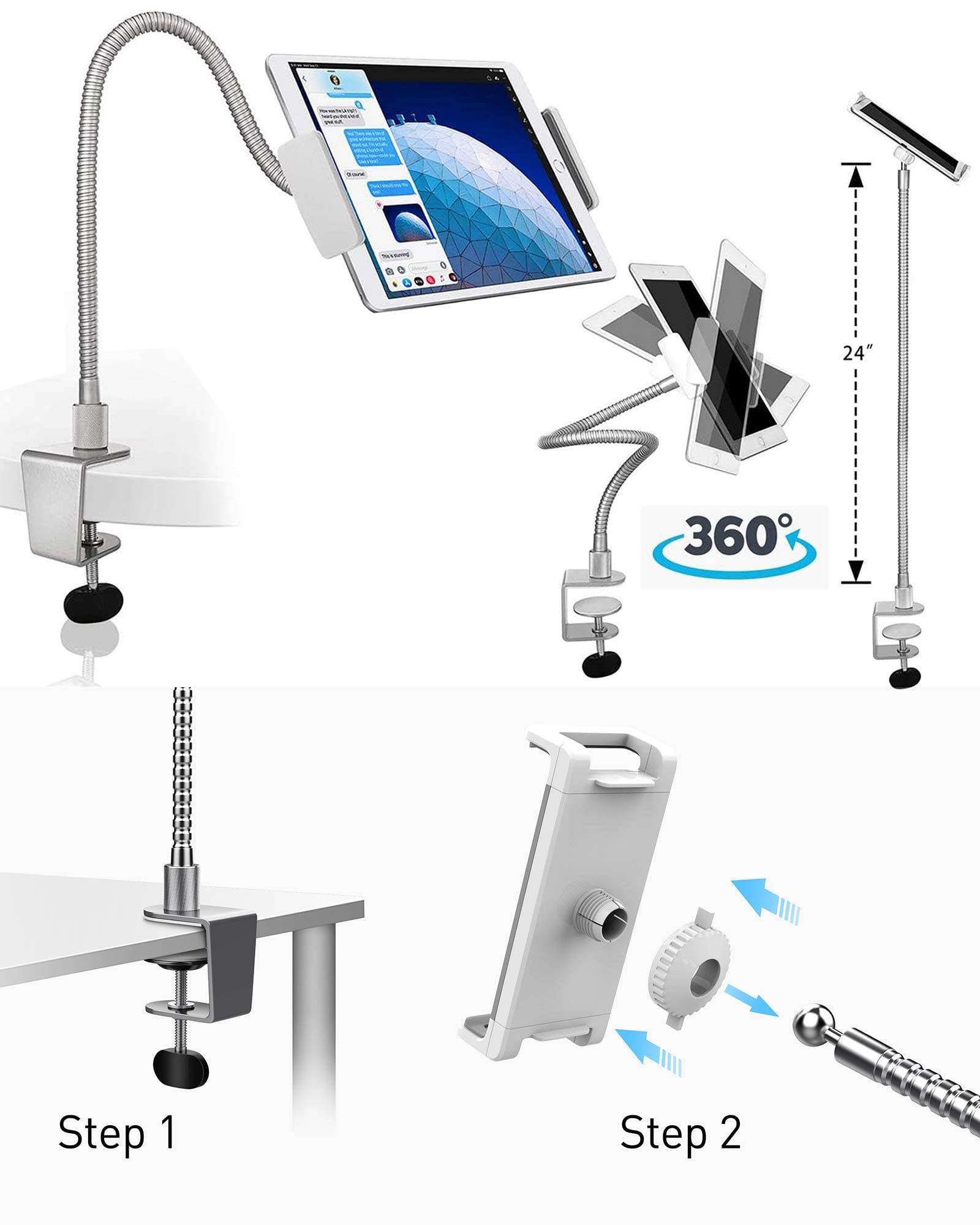AboveTEK Gooseneck Tablet Holder, Aluminum iPad Stand Flexible Long Arm iPad Desk Mount for Bed Kitchen Office, Heavy Duty Tablet Mount Stand Compatible with iPad iPhone 6-13Pro, Fits for 3.5" - 11"