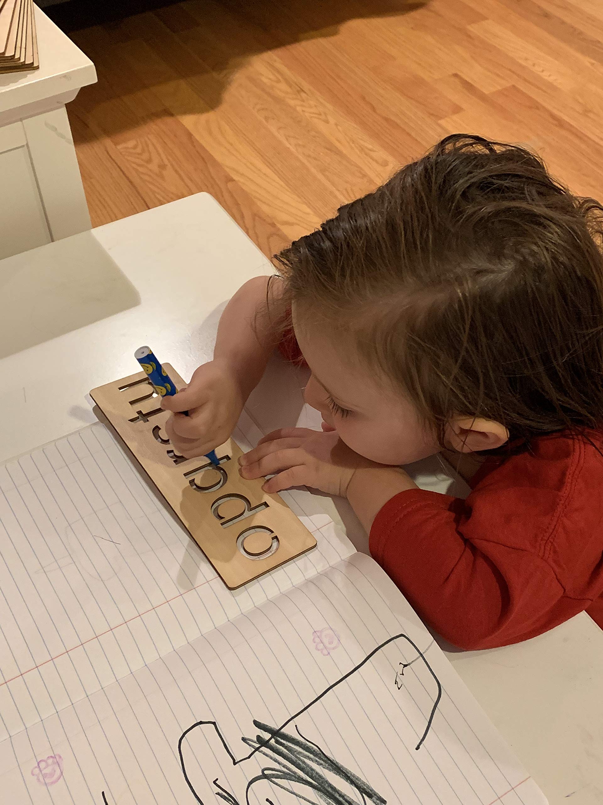 Bodima Educational Wood Handwriting Stencil Set | Easy-to-Use Handwriting for Kids & Preschoolers | Montessori Letters Stencils for More Convenient Handling & Tracing