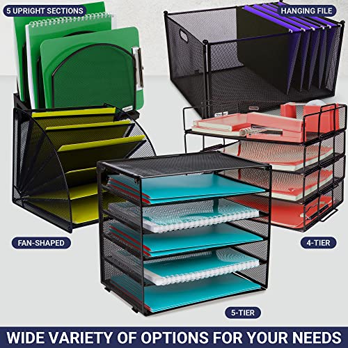 Desk Organizer Tray - Letter Tray in Black Metal Mesh for Organizing Files, Papers, Bills, Folders, Letters, Binders, and More. Desktop Paper Tray Rack for Home, Office, or School (5 Tier)