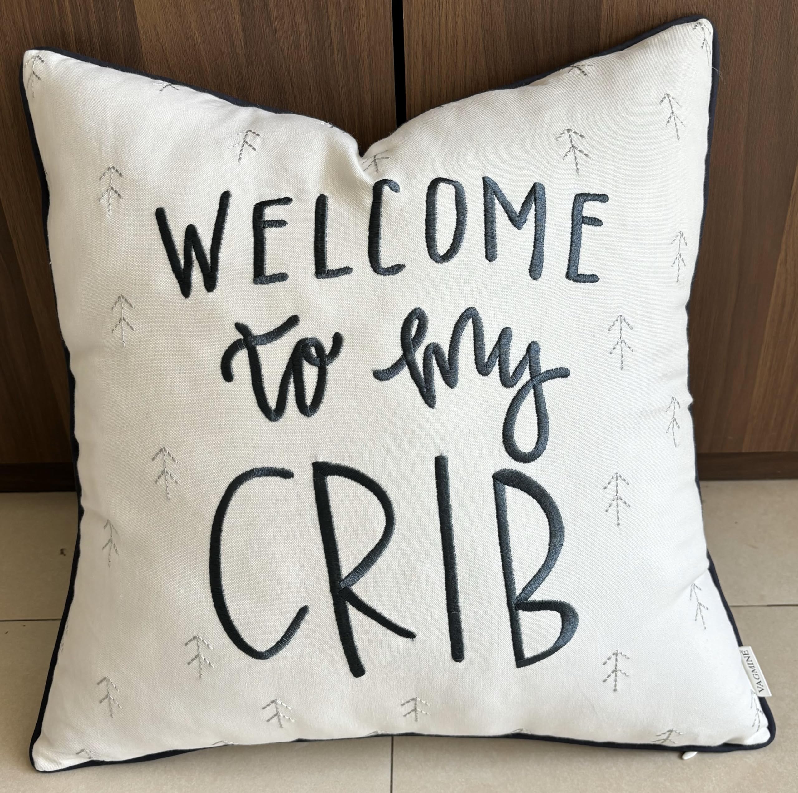 VAGMINE Welcome to My Crib Quote Embroidered Decorative Square Accent Throw Pillowcase - Nursery Decor, Boys Room Decor - 18x18 Inches, Ivory