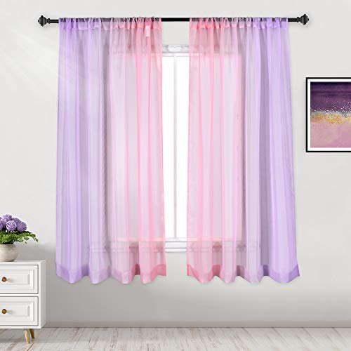 Ombre Sheer Curtains 63 Inch Length Purple Pink Sheer Curtains Two-Tone Gradient and Decorative Rod Pocket Window Curtains Panels for Parlor for Bedroom Girls Room Kids Babies Nursery 52 x 63 Inch
