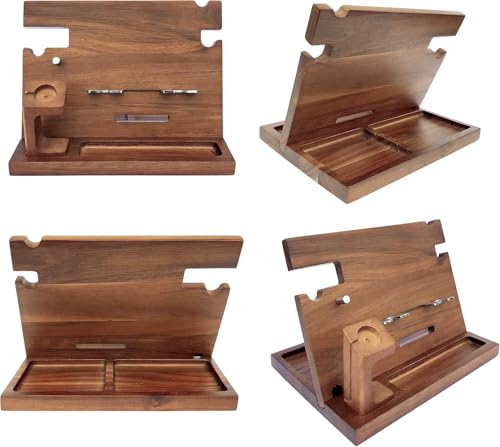 ETERLUCK Wooden Docking Station Men, Nightstand Organizer Bundle w/RFID Blocking Leather Wallet - Charging Station, Cell Phone Stand, Tablet Stand, Husband Gifts from Wife, for Dad - Walnut