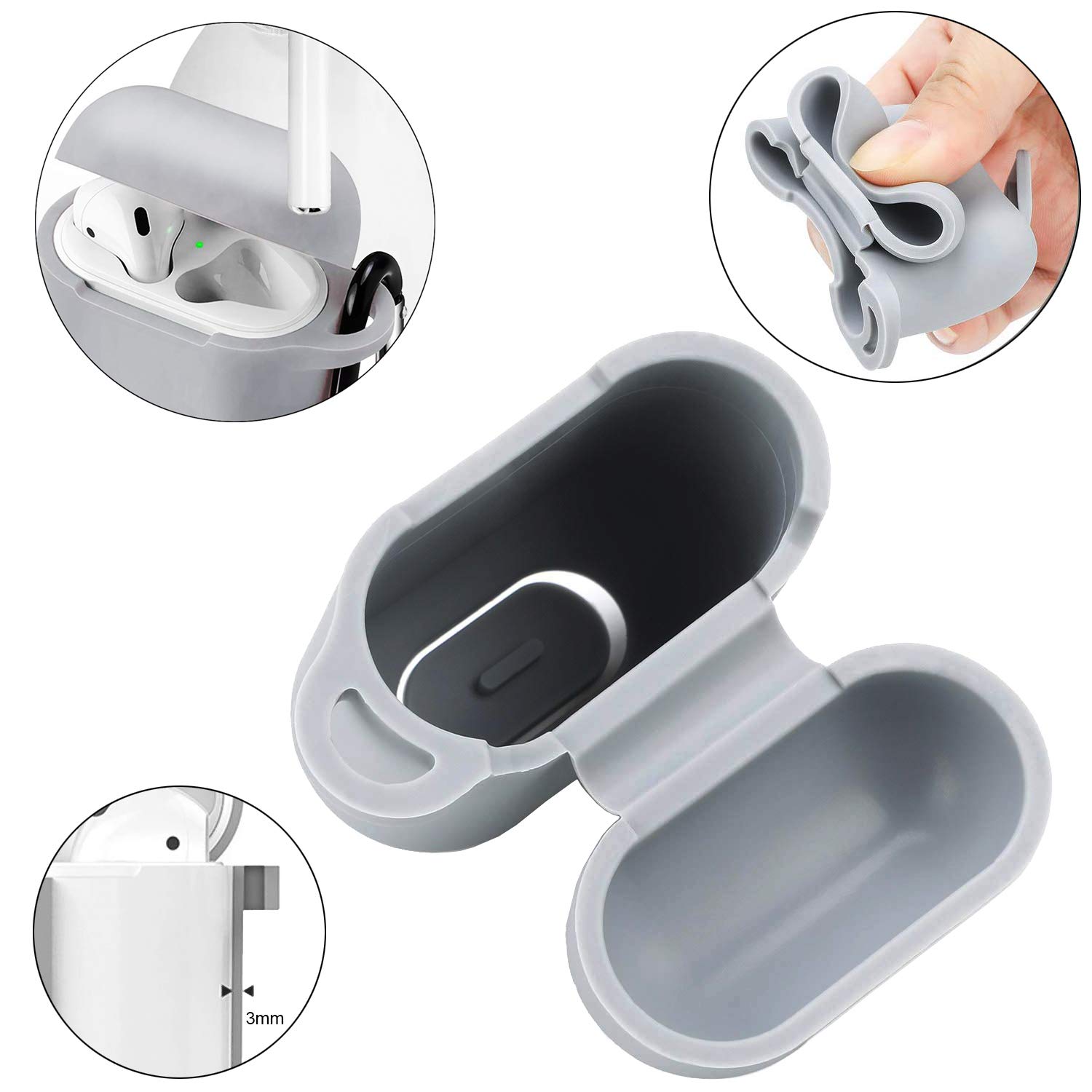 Earphone Silicone Case Cover Skin with Fur Ball Key Chain and Locking Carabiner Compatible with AirPods Charing Case - Hang Case Cover with Anti-Lost Strap as Headphone Accessories (Gray)