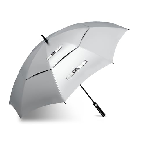 Fulynmen 62Inch UPF50+ Uv Umbrella Uv Blocker Large Golf Umbrella, Auto Open Extra Large Sun Umbrella Uv Protection Double Canopy Vented Windproof Waterproof Rain Umbrella Silver/Black