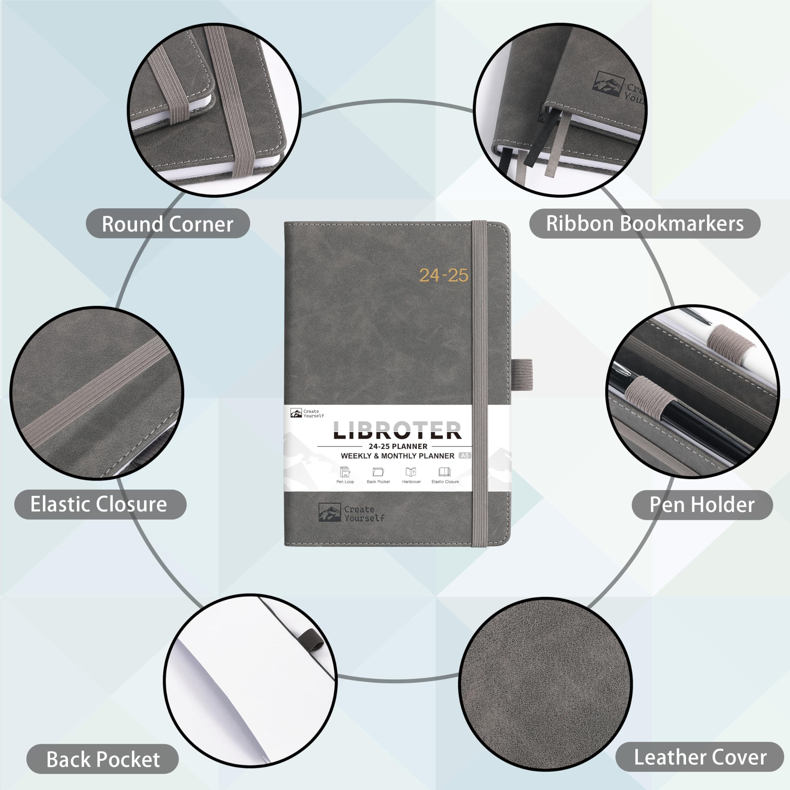 2024-2025 Planner - Planner 2024-2025, 2024-2025 Weekly Monthly Planner, July 2024 - June 2025, 5.7'' x 8.4'', Thick Paper, Leather Cover, Pen Holder, Back Pocket, Perfect Daily Organizer - Grey