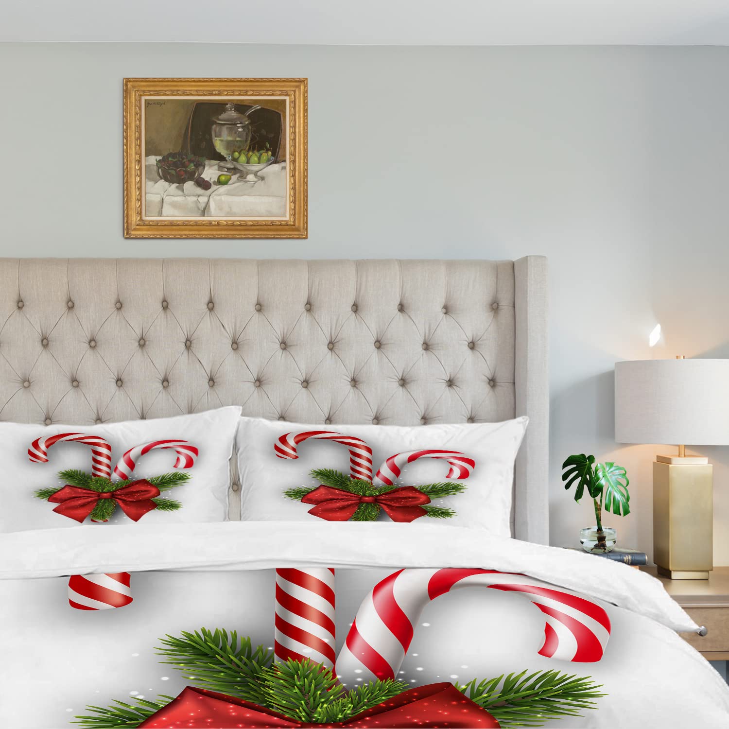 Shrahala Red Festival Christmas Duvet Cover Set King Size, Green Candy 3 Pieces Soft Brushed 100% Cotton Duvet Covers with Button Closure, 1 Duvet Cover 104x90 inches and 2 Pillow Shams