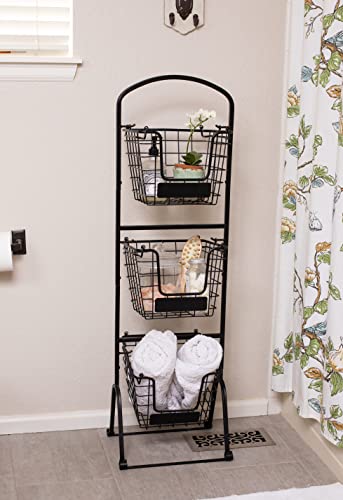 BIRDROCK HOME 3-Tier Wire Market Basket Stand with Chalk Label - Snack Fruit Vegetable Produce Metal Hanging Storage Bin for Kitchen Pantry - Free-Standing or Stacking Organizer - Black