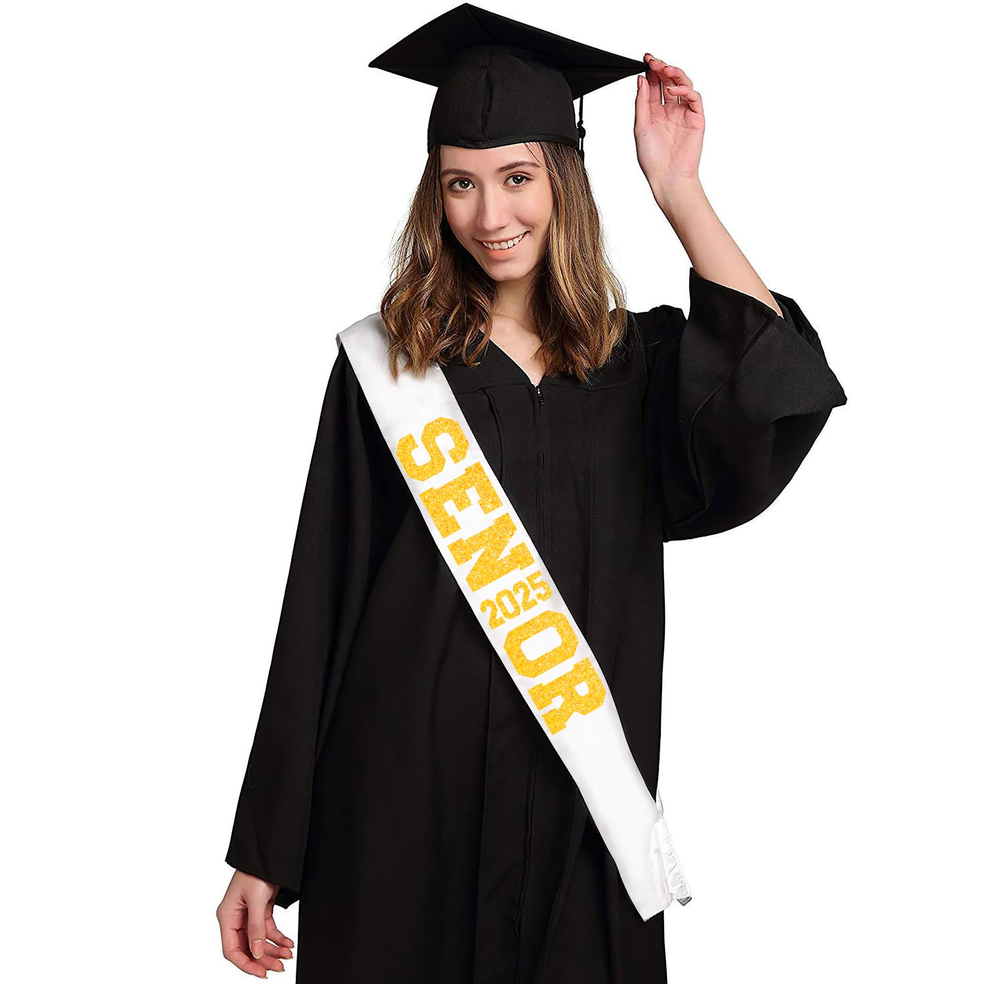6Pcs White Senior 2025 Satin Sashes with Gold Glitter Letters Senior 2025 Decorations - 2025 Graduation Celebrations Sashes - Senior Cheer Sash - Cheerleader Sash - Class Competition Sashes
