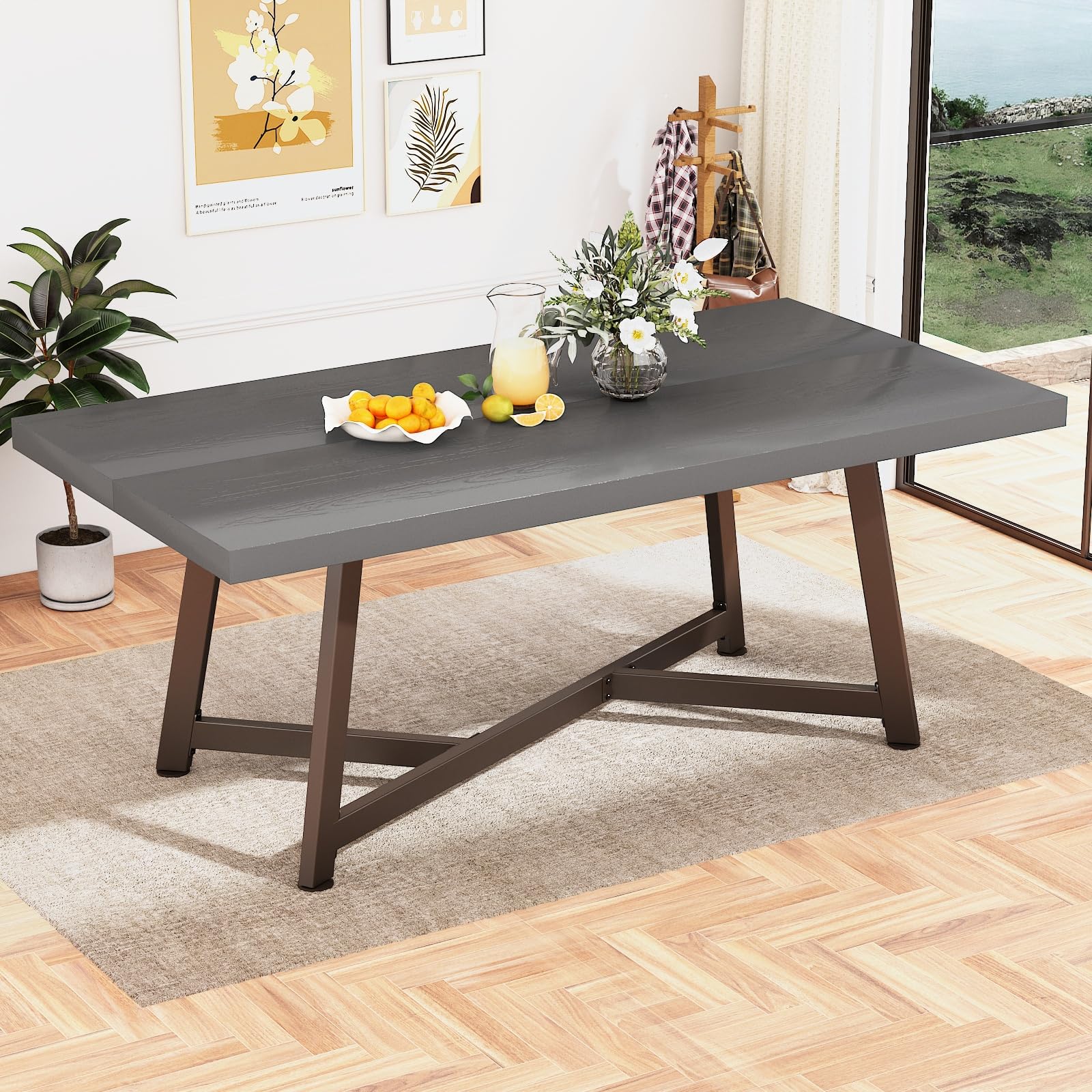 2024 New Large 72IN Solid Wood Dining Table for 6 8 10 People,Modern 6FT Waterproof Rectangular Kitchen Tables w/Anti-Rust&Adjustable Metal Leg,Grey Industrial Desk for Dining Room Farmhouse Office