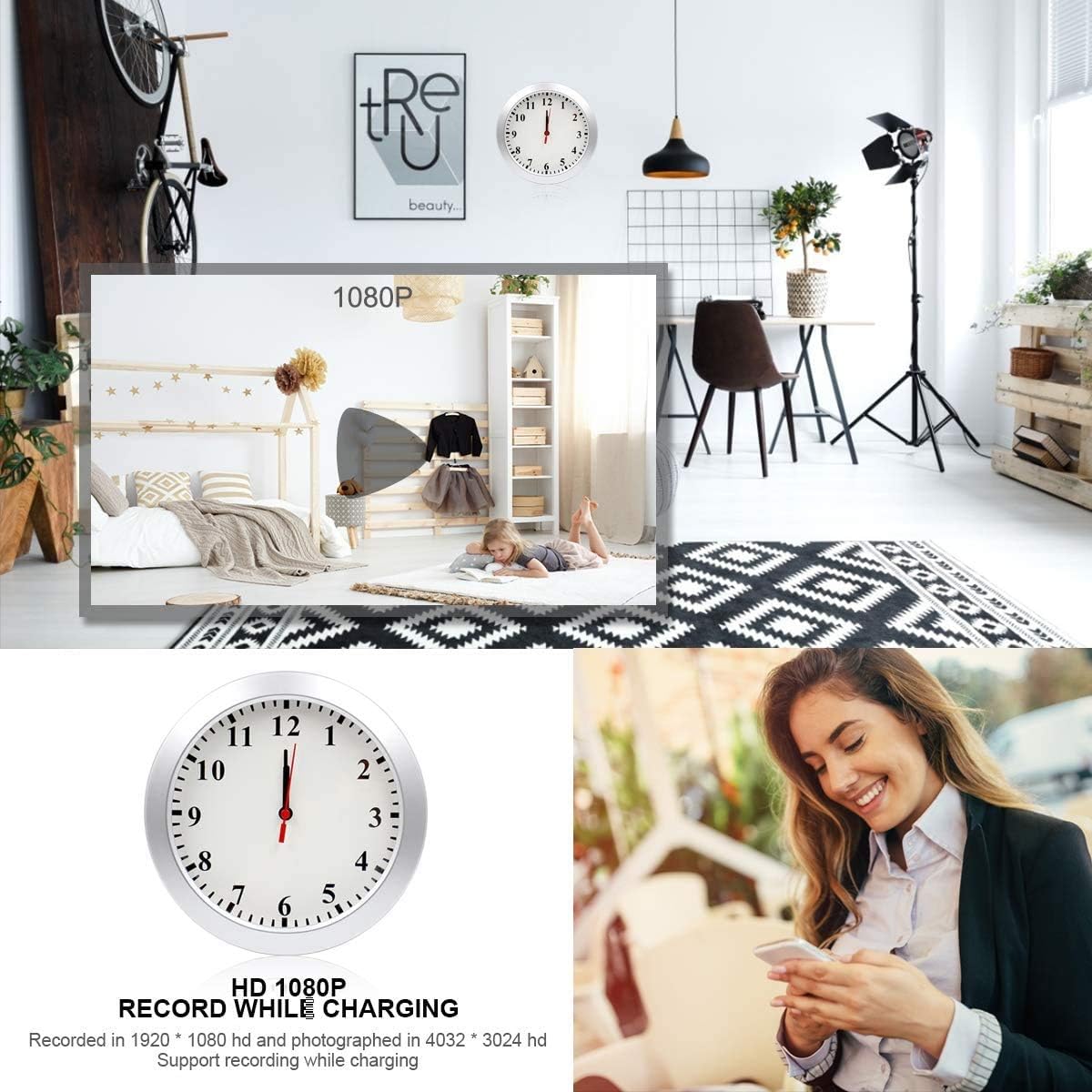 JLRKENG Hidden Spy Camera Wall Clock 1080P HD WiFi Clock Cameras Wireless Home Security Nanny Cam with Motion Detection Alarm Mini Video Recorder for Home and Office Surveillance, No Audio