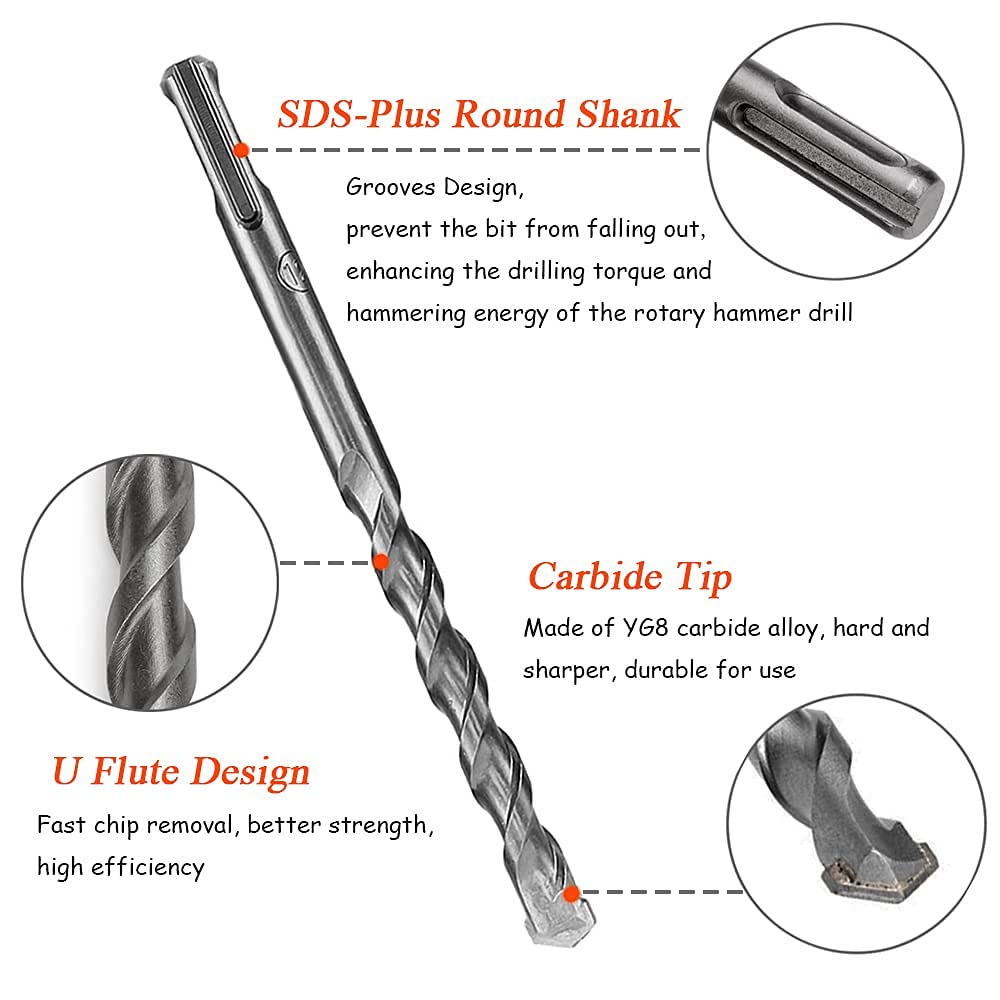 Mesee 6 Pcs SDS Plus Hammer Drill Bit Set Carbide Tipped SDS-Plus Rotary Hammer Drill Bits with Storage Box Rotary Electric Hammers Drilling Hole Tool, 6mm 8mm 10mm 12mm 14mm 16mm